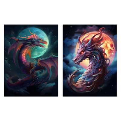 Wall Art Print Set of 2 Dragon Moon Fantasy Mystical Serpent 2 Pack ...