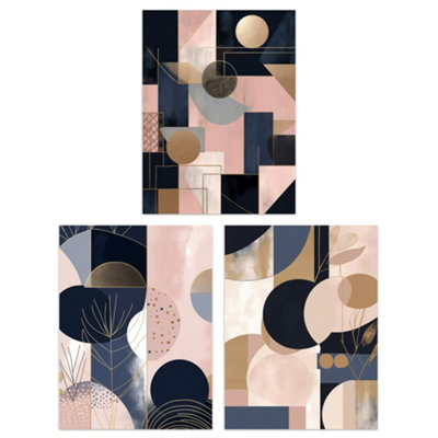 Wall Art Print Set of 3 Abstract Geometric Paintings Soft Pastel Pink ...