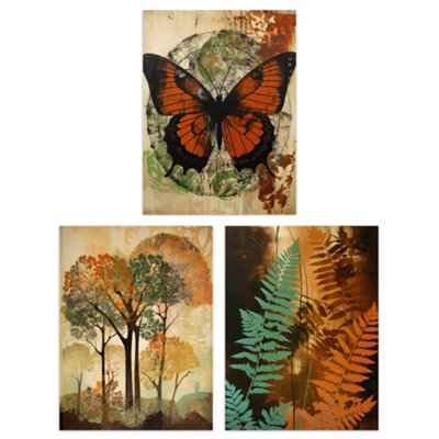 Wall Art Print Set of 3 Botanical Autumn Orange and Greens Butterfly ...