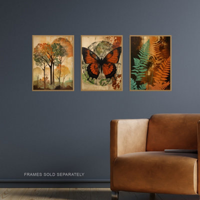 Wall Art Print Set of 3 Botanical Autumn Orange and Greens Butterfly ...