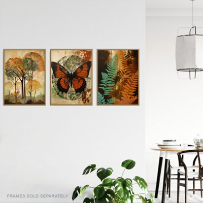 Wall Art Print Set of 3 Botanical Autumn Orange and Greens Butterfly ...