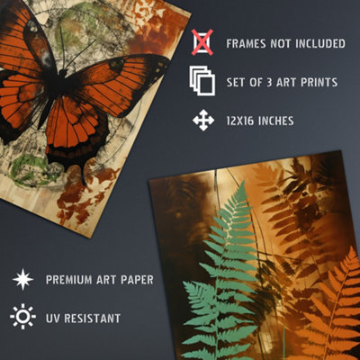 Wall Art Print Set of 3 Botanical Autumn Orange and Greens Butterfly ...