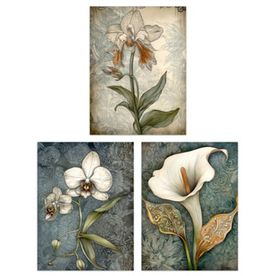 Wall Art Print Set of 3 Elegant Single Calla Lily and Orchids Flowers ...