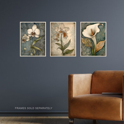 Wall Art Print Set of 3 Elegant Single Calla Lily and Orchids Flowers ...
