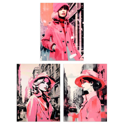 Wall Art Print Set of 3 Pink Downtown Women Watercolour Artworks Winter ...