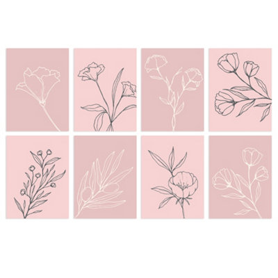 Wall Art Print Set of 8 Pastel Pink Line Art Wildflower Outline Modern ...