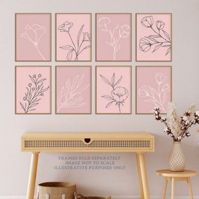 Wall Art Print Set of 8 Pastel Pink Line Art Wildflower Outline Modern ...