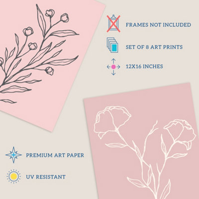 Wall Art Print Set of 8 Pastel Pink Line Art Wildflower Outline Modern ...