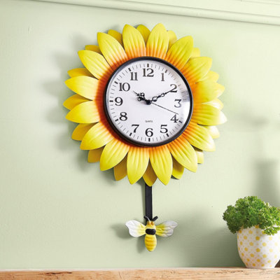 Wall Clock with Sunflower Design, Fixed Bee Pendulum Indoor Clock ...