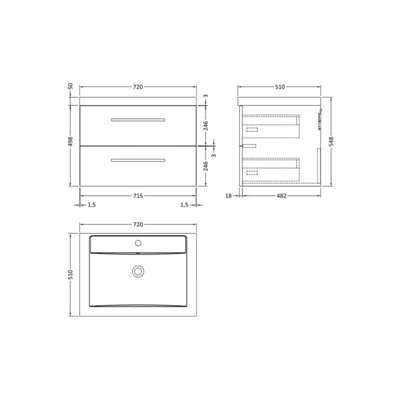 Wall Hung 2 Drawer Vanity Unit with Polymarble Basin, 720mm - Gloss Grey