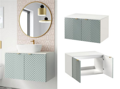 Wall Hung Vanity Unit 800mm Green Bathroom Cabinet Ribbed White ...