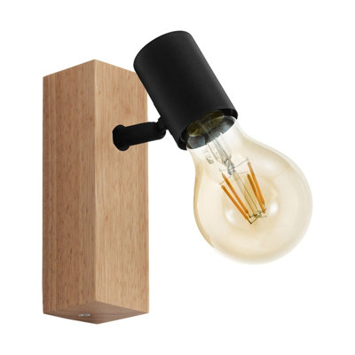 Wall Light Colour Brown Wood Back Plate Black Bulb Holder Bulb E27 10W ...