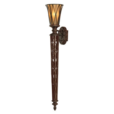 Wall Light Torchiere Metal Caged Amber Glass Shade Firenze Gold LED E14 ...