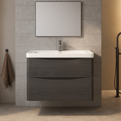 Wall Mounted Bathroom Vanity Unit With Resin Basin 900mm Graphite Oak ...