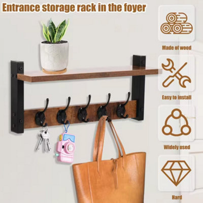 Wall Mounted Coat Racks 5 Hooks Rack Shelf Vintage Hanger with Hanging Rail
