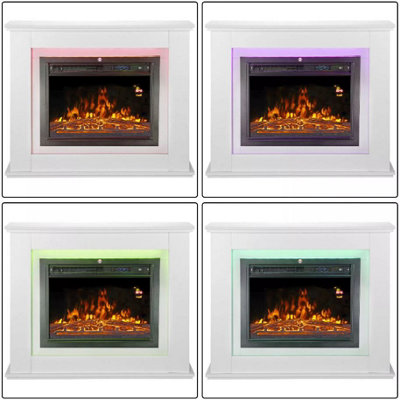 Wall-Mounted Electric Fireplace in White LED Log Flame, Remote Control ...