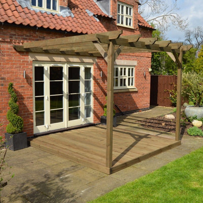 Wall Mounted Pergola and Decking Kit - L300 x W300 x H270 cm - Rustic Brown