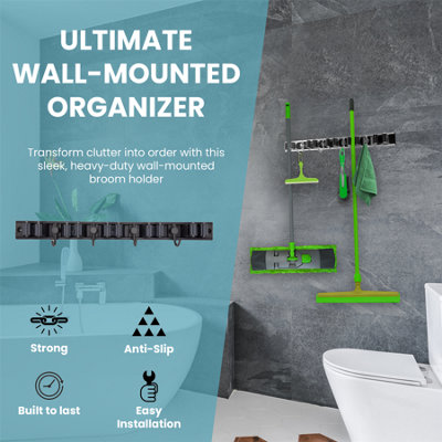 Wall Mounted Silver Broom and Mop Holder with Adjustable 5 Slots and 4 ...