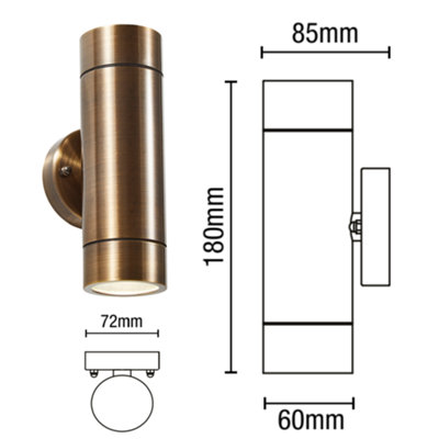 Wall Mounted Up Down Light with LED GU10 Bulb: Solid Brass / Bronze Finish