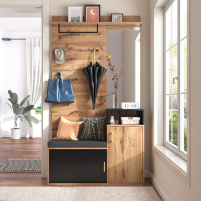 Wall-Mounted Wardrobe Set with 4 Coat Hooks, Mirror, Shoe Storage ...