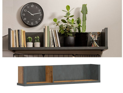 Wall Shelf Floating Panel Storage Display Unit Dark Grey Rustic Oak ...