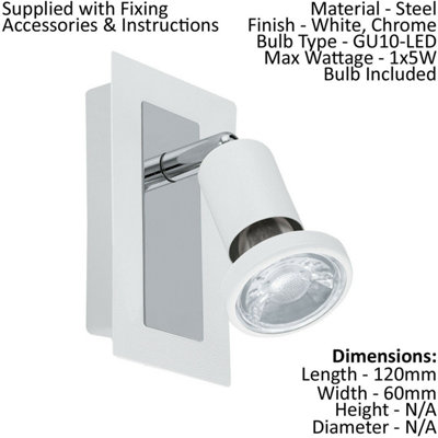 Wall Spot Light White & Chrome Back Plate & Shade Rocker Switch Bulb ...