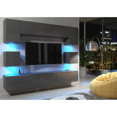 Wall TV Unit Panorama - Dark Grey with Gloss Doors and LED Lights