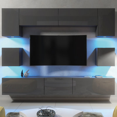 Wall TV Unit Panorama - Dark Grey with Gloss Doors and LED Lights