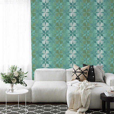Wallquest Villa Apex Geometric Teal Wallpaper Modern Acrylic Coated Feature Wall
