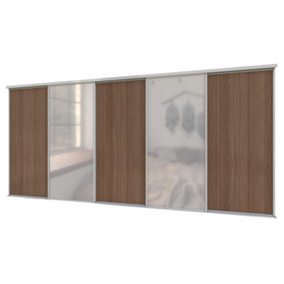 Walnut & Mirror 5-Door Sliding Wardrobe Door Kit, Silver Frame & Tracks ...