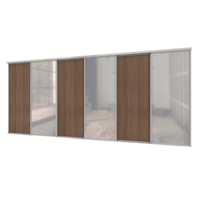 Walnut & Mirror 6-Door Sliding Wardrobe Door Kit, Silver Frame & Tracks ...