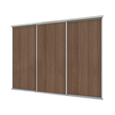 Walnut Wood 3-Door Sliding Wardrobe Door Kit, Silver Frame & Tracks ...