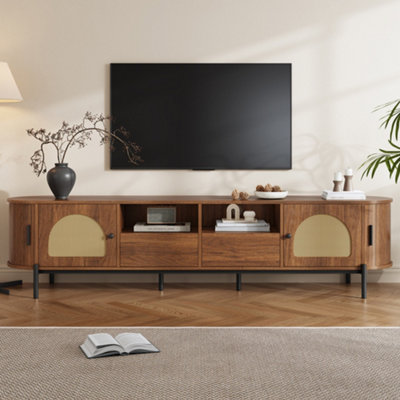 Walnut Wood Look TV Cabinet with Rattan Sliding Doors, Drawers & Metal ...