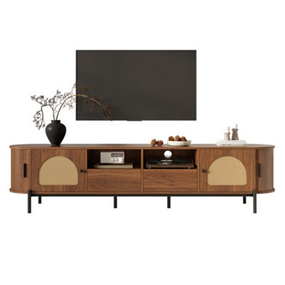 Walnut Wood Look TV Cabinet with Rattan Sliding Doors, Drawers & Metal ...