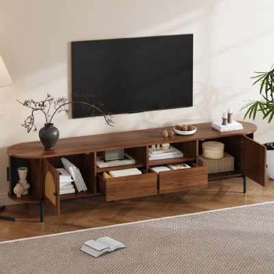 Walnut Wood Look TV Cabinet with Rattan Sliding Doors, Drawers & Metal ...
