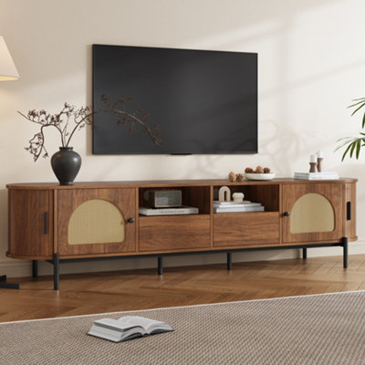 Walnut Wood Look TV Cabinet with Rattan Sliding Doors, Drawers & Metal ...