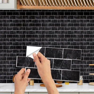 Walplus 12Pcs Black Marble Stone Peel and Stick Wall Tiles Sticker ...