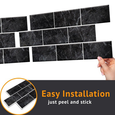 Walplus 12Pcs Black Marble Stone Peel and Stick Wall Tiles Sticker ...