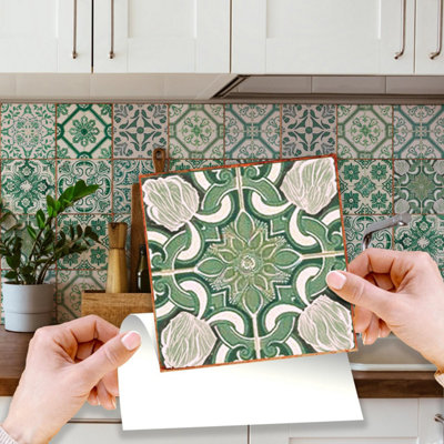 Walplus 24Pcs Light Green Vintage Azulejo Peel and Stick Wall Tiles ...