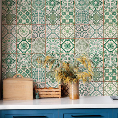 Walplus 24Pcs Light Green Vintage Azulejo Peel and Stick Wall Tiles ...