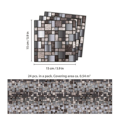 Walplus 48 Pcs 15 x 15 cm Metallic Silver Grey Stone Peel and Stick ...