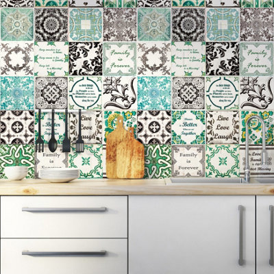 Walplus 48Pcs Green and Grey Vintage Peel and Stick Wall Tile Stickers ...