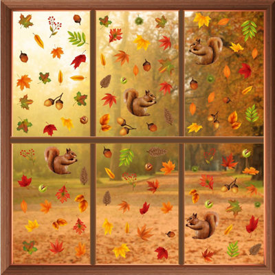 Walplus Autumn Leaves With Squirrel Window Clings - Double-Sided Fall ...