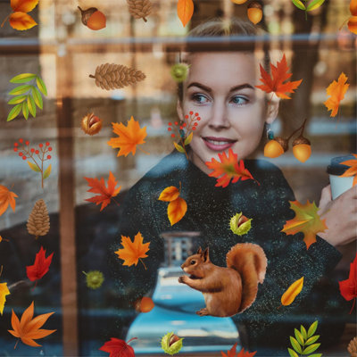 Walplus Autumn Leaves With Squirrel Window Clings - Double-Sided Fall ...