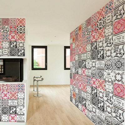 Walplus Black and Red Vintage Azulejo Combo Mix Tile Stickers | DIY at B&Q