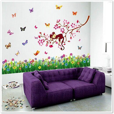 Walplus Combo KidsBut Grass Wall Sticker + Pink Monkey Wall Sticker PVC
