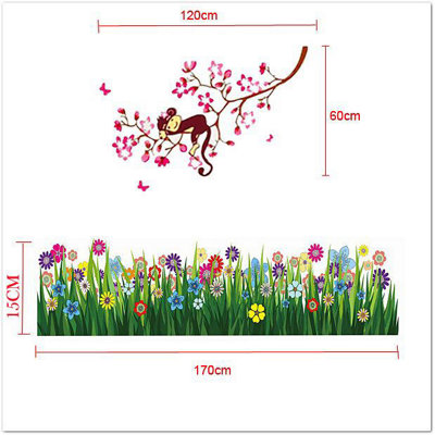 Walplus Combo KidsBut Grass Wall Sticker + Pink Monkey Wall Sticker PVC