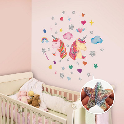 Walplus Cute Unicorn With Glitter Stars Kids Sticker Aluminium Film Pink, Silver, Multicoloured
