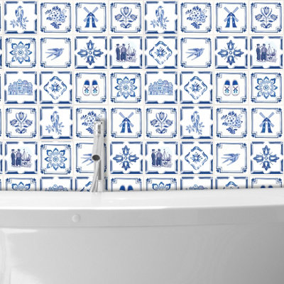 Walplus Dutch Blue Peel and Stick Wall Tiles Sticker - 24Pcs Self ...