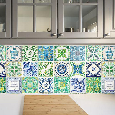 Walplus Green French Azulejo Combo Mix Tile Stickers | DIY at B&Q